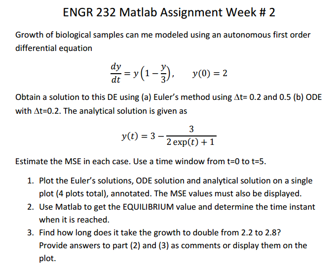 Solved ENGR 232 Matlab Assignment Week # 2 Growth of | Chegg.com
