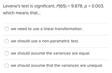 Solved Levene's test is significant, F(65,-9878, p which | Chegg.com