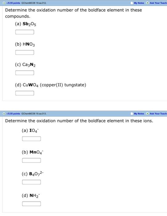 Solved My Netes Ask Your Determine the oxidation number of | Chegg.com