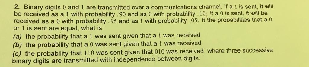 Solved 2. Binary digits 0 and 1 are transmitted over a | Chegg.com