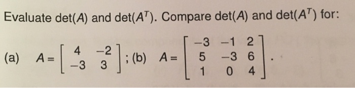 Solved Evaluate det(A) and det(A^T). Compare det(A) and | Chegg.com