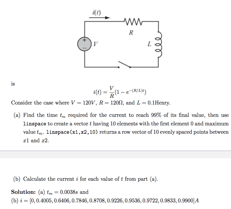 Solved Write a program in matlab: The current i (in amps), t | Chegg.com