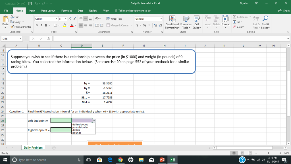 Solved Daily-Problem-24 - Excel Sign in - × File Insert Page | Chegg.com
