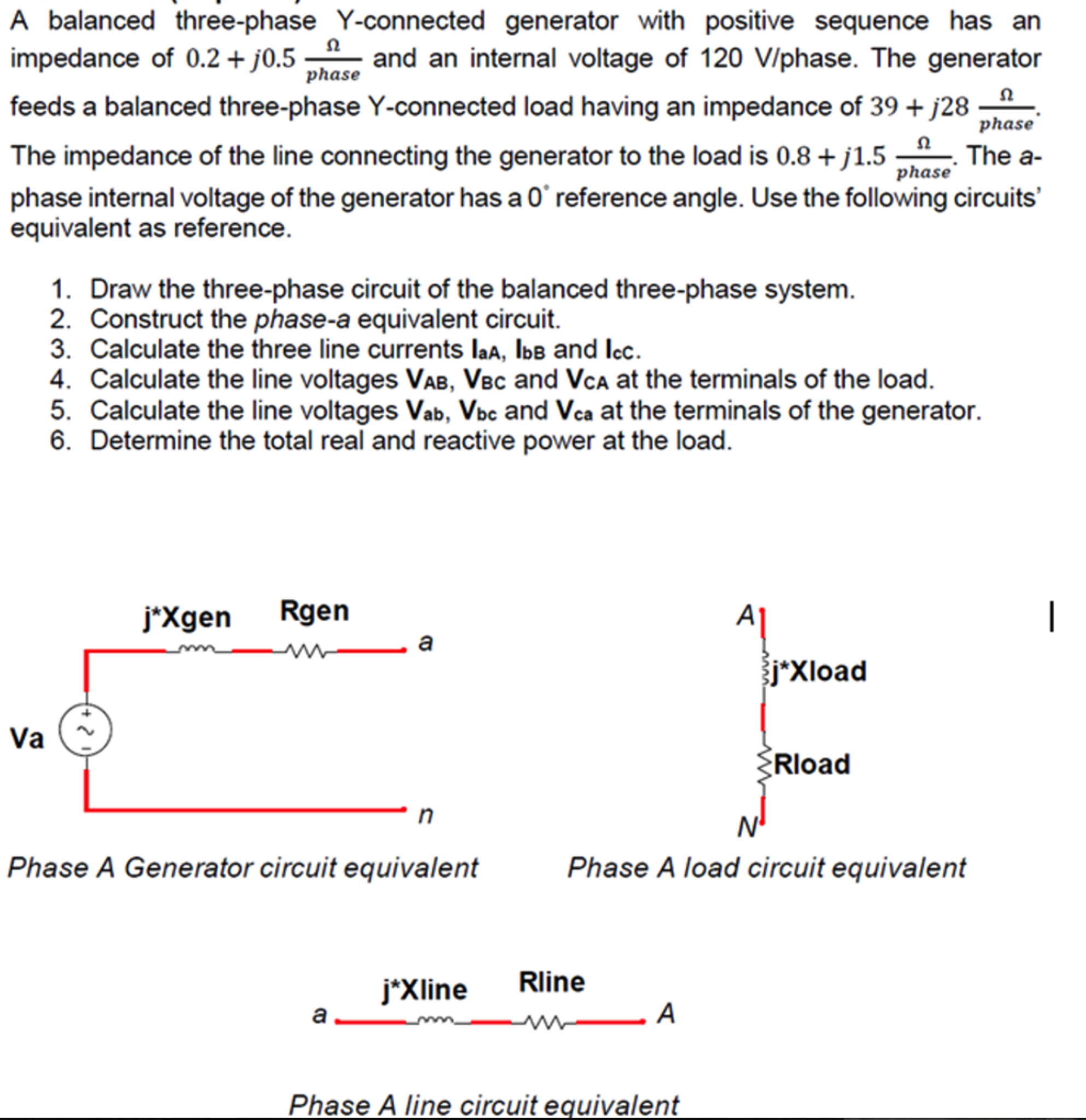 Solved A balanced three-phase Y-connected generator with | Chegg.com