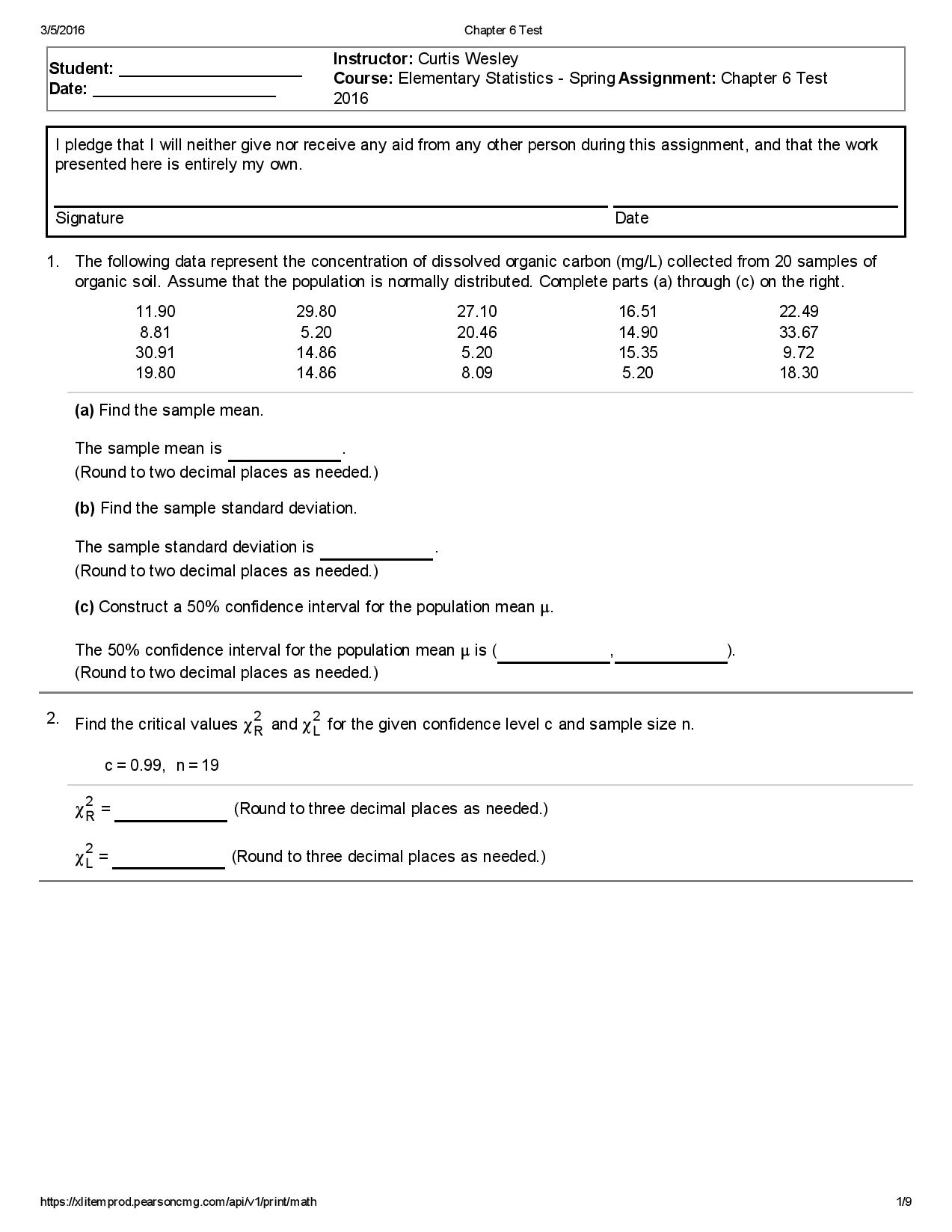 Solved The following data represent the concentration of | Chegg.com