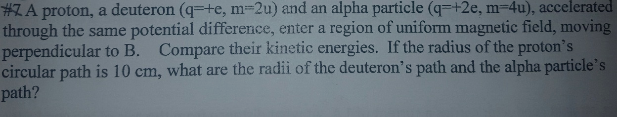 Solved A proton, a deuteron (q=+e, m=2u) and an alpha | Chegg.com