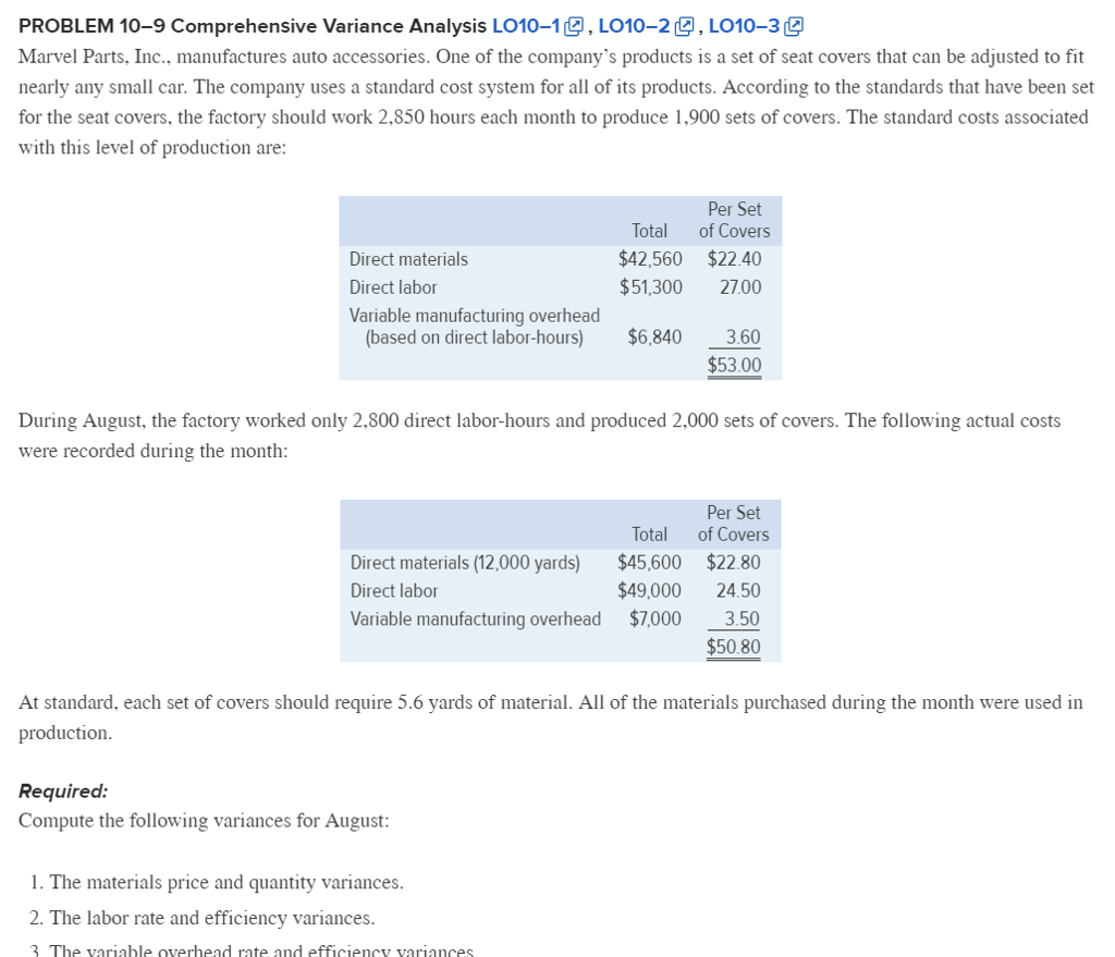 Solved PROBLEM 10-9 Comprehensive Variance Analysis LO10-1, | Chegg.com