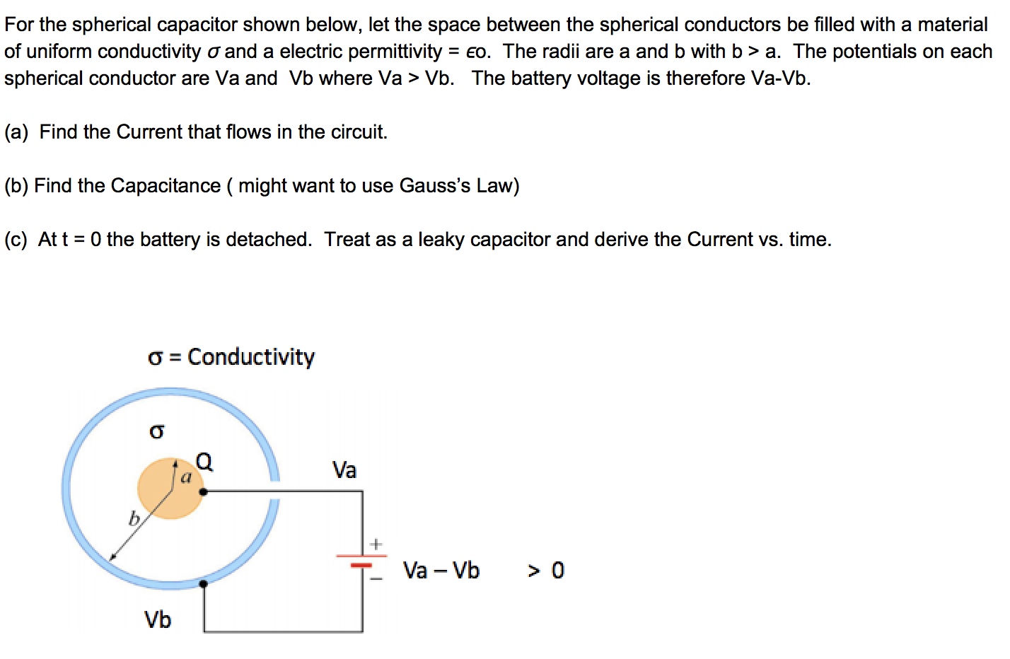 Solved For the spherical capacitor shown below, let the | Chegg.com