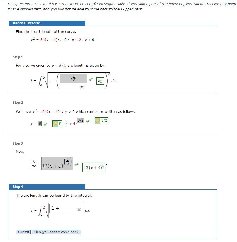 Solved Find the exact length of the curve. y^2 = 64(x + | Chegg.com