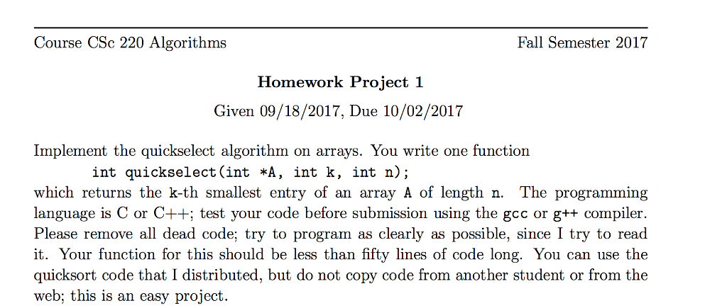 Solved Implement The Quickselect Algorithm On Arrays You 1985