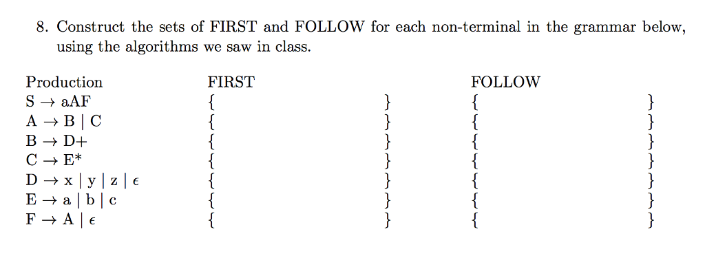 Solved 8. Construct the sets of FIRST and FOLLOW for each | Chegg.com
