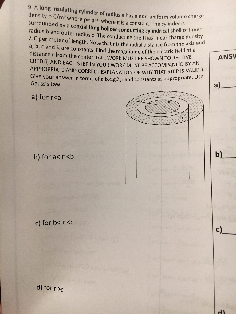 Solved 9. A long insulating cylinder o f radius a has a | Chegg.com