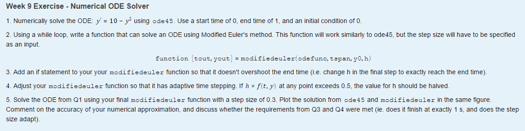 Solved Numerically Solve The Ode Y 10 Y2 Using Ode45 