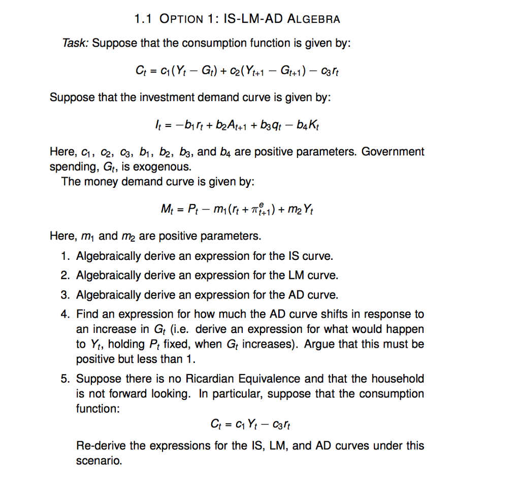 1.1 OPTION 1: IS-LM-AD ALGEBRA Task: Suppose that the | Chegg.com