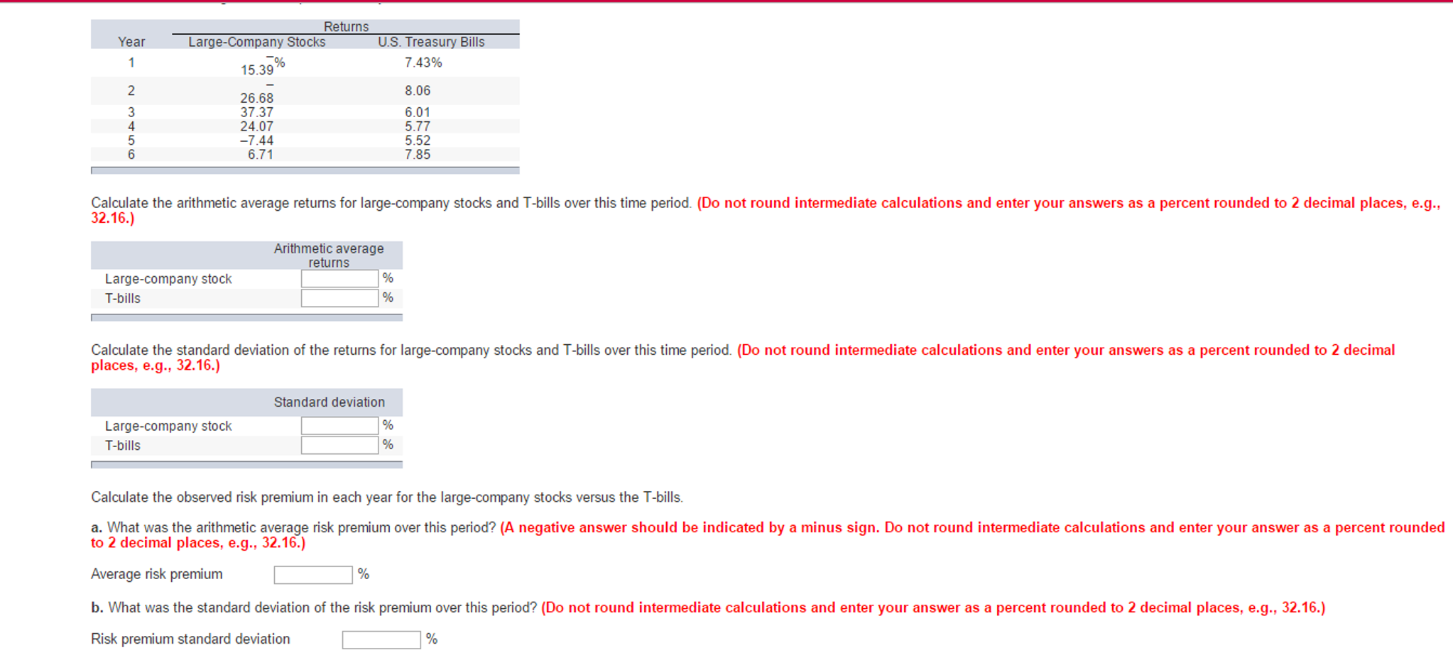 Solved Calculate the arithmetic average returns for | Chegg.com