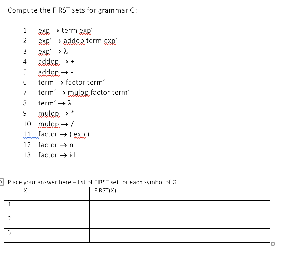Solved Compute the FIRST sets for grammar G: exp-term exp | Chegg.com