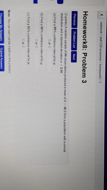 Solved / stat1220-ecommon / h Homework8: Problem 3 List Next | Chegg.com