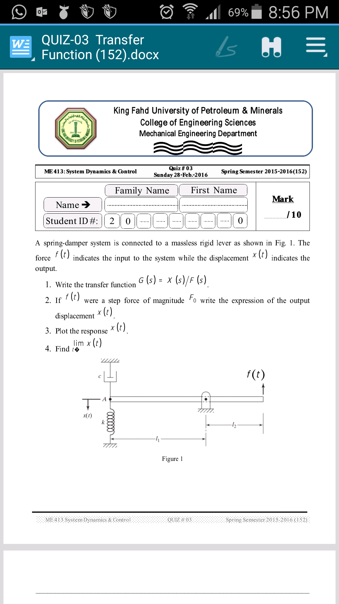 Solved A spring-damper system is connected to a massless | Chegg.com