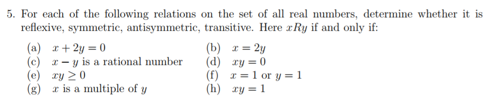 Solved 5. For each of the following relations on the set of | Chegg.com