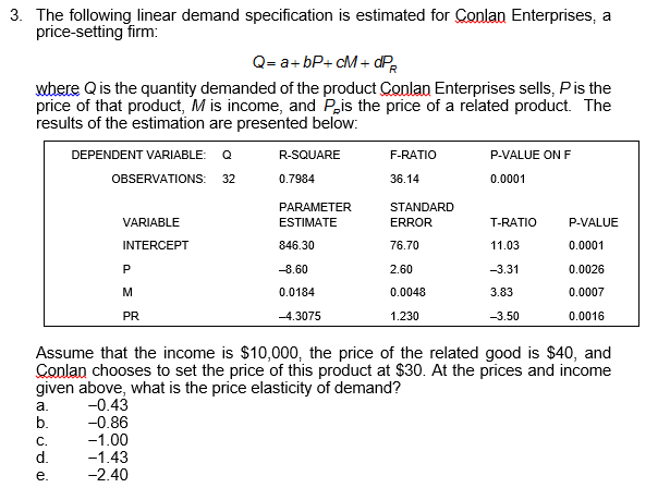 Solved 3. The following linear demand specification is | Chegg.com