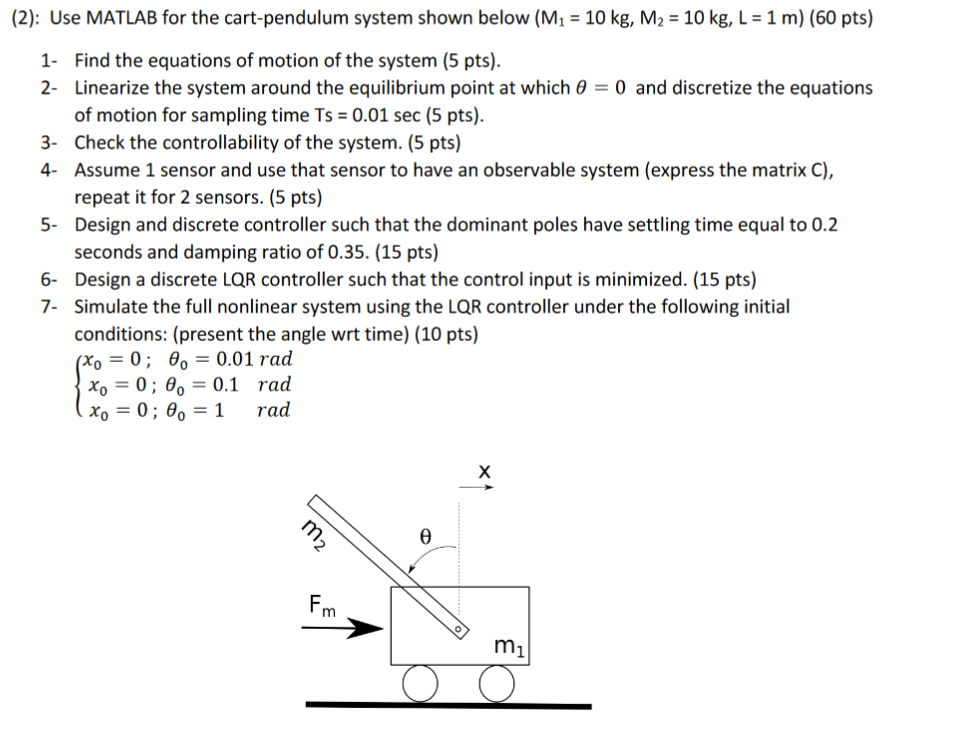 (2): Use MATLAB for the cart-pendulum system shown | Chegg.com