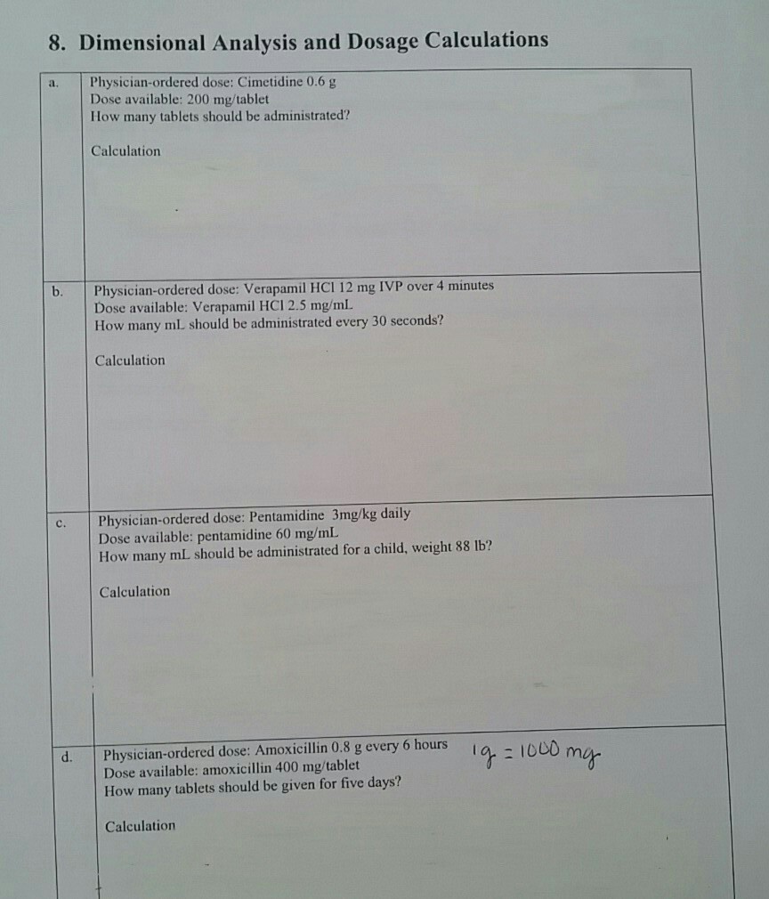 Solved 8. Dimensional Analysis and Dosage Calculations a. | Chegg.com