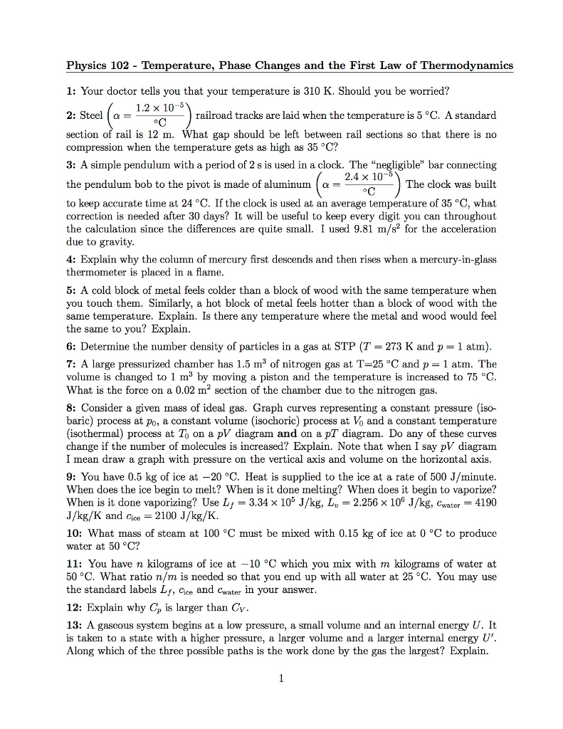 Solved Physics 102 - Temperature, Phase Changes and the | Chegg.com