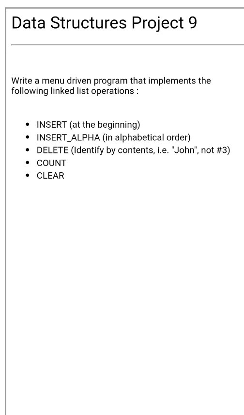 Solved Data Structures Project 9 Write a menu driven program | Chegg.com