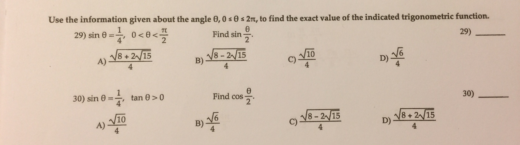 Solved Use the information given about the angle theta, 0 | Chegg.com
