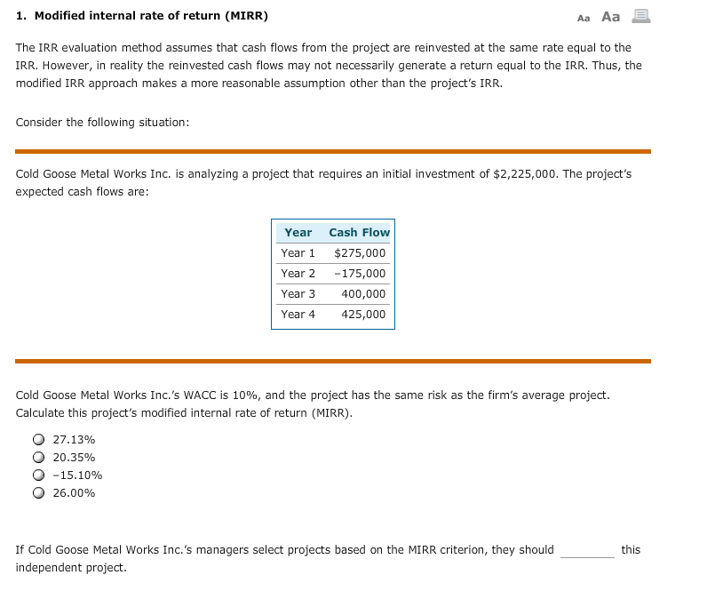 Solved 1 Modified Internal Rate Of Return Mirr Aa Aa The