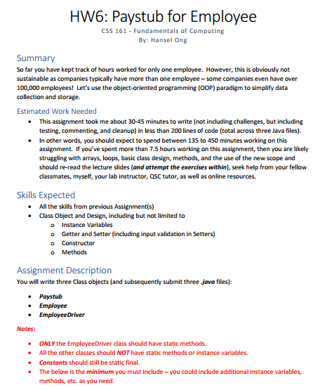 Solved HW6: Paystub for Employee CSS 161 Fundamentals of | Chegg.com