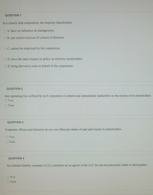 Solved QUESTION 1 In a closely held corporation, the | Chegg.com