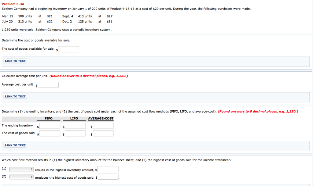 Solved Problem 6-3A Sekhon Company had a beginning inventory | Chegg.com