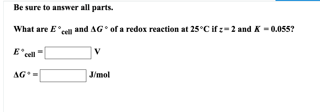 Solved What are E degree_cell and Delta G degree of a redox | Chegg.com