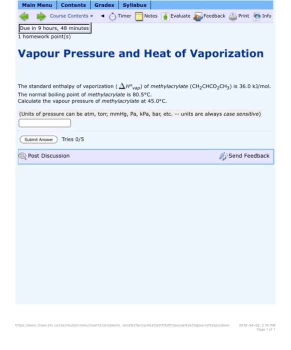 Solved The standard enthalpy of vaporization (Delta H degree | Chegg.com