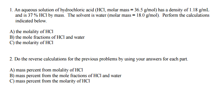Solved 1. An aqueous solution of hydrochloric acid (HCI, | Chegg.com