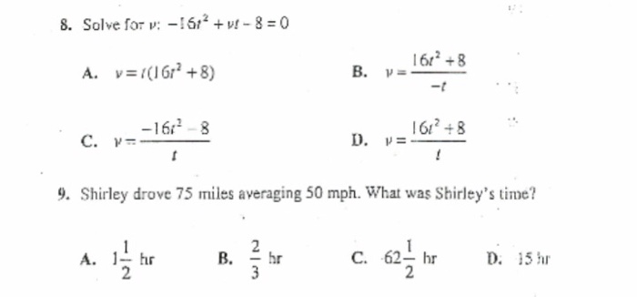 Solved Solve for v: -16t^2 + vt - 8 = 0 Shirley drove 75 | Chegg.com