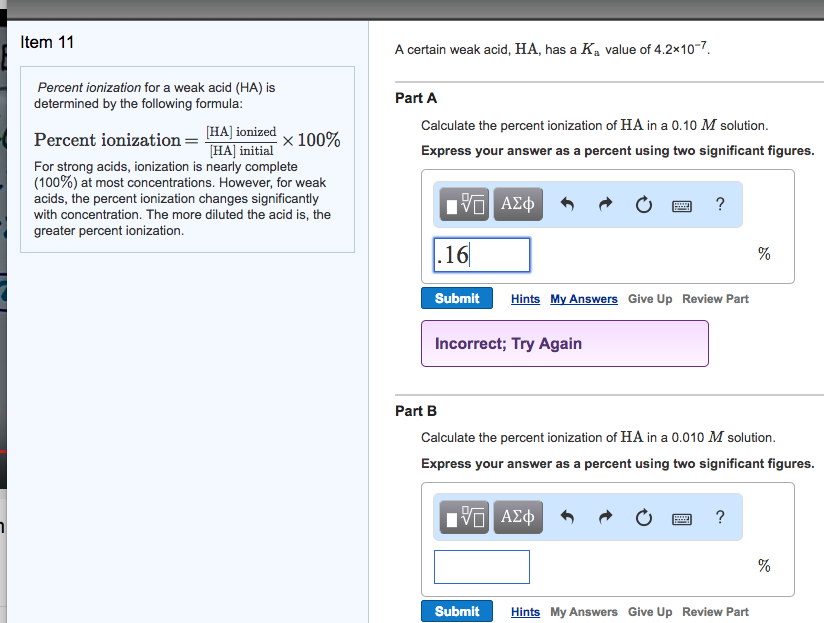 Solved Percent ionization for a weak acid (HA) is determined | Chegg.com