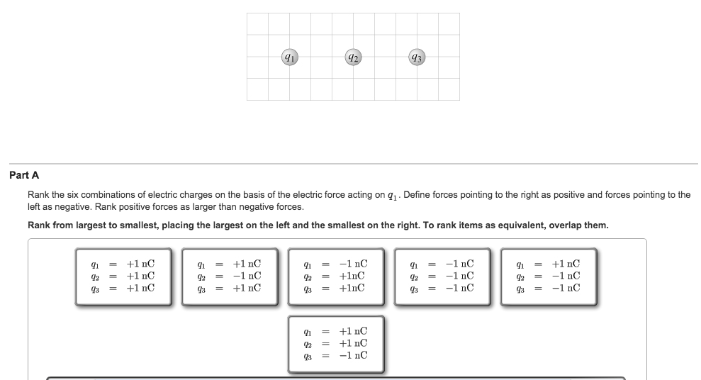 Solved Part A Rank the six combinations of electric charges | Chegg.com