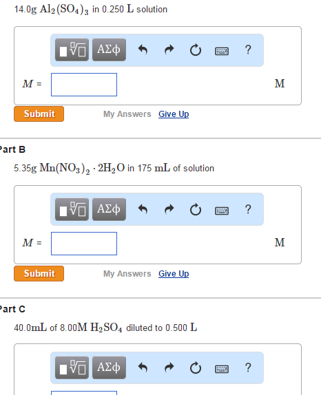 Solved 14.0 g Al2(SO4)3 in 250 L solution Part B 5.35g | Chegg.com