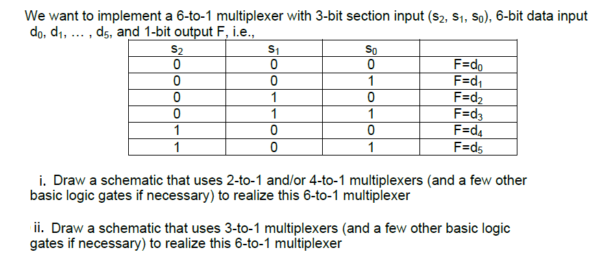 Solved We want to implement a 6-to-1 multiplexer with 3-bit | Chegg.com