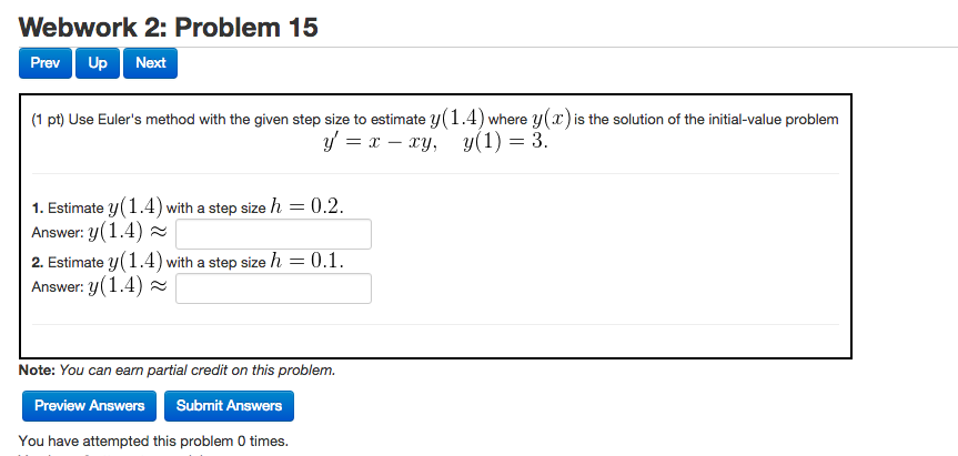 Solved Webwork 2: Problem 15 (1 pt) Use Eulers method with | Chegg.com