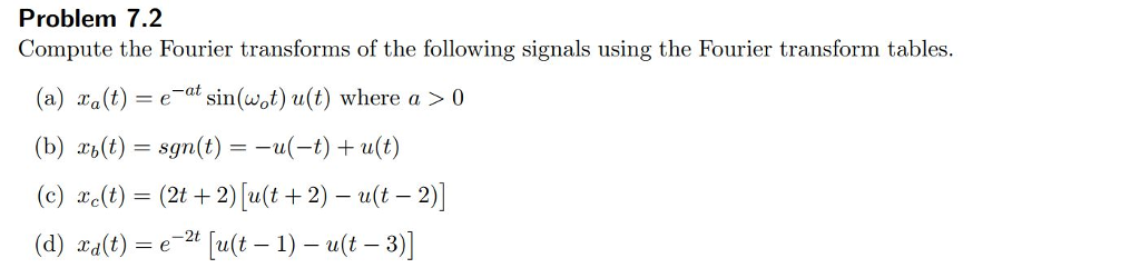Solved Problem 7.2 Compute the Fourier transforms of the | Chegg.com Solved Problem 7.2 Compute the Fourier transforms of the | Chegg.com