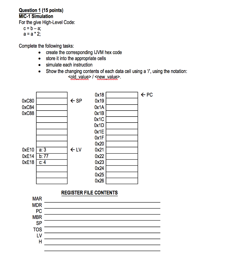 Question 1 (15 points) MIC-1 Simulation For the give | Chegg.com