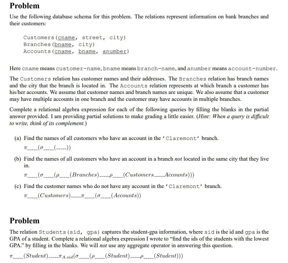 Solved Problenm Use the following database schema for this | Chegg.com