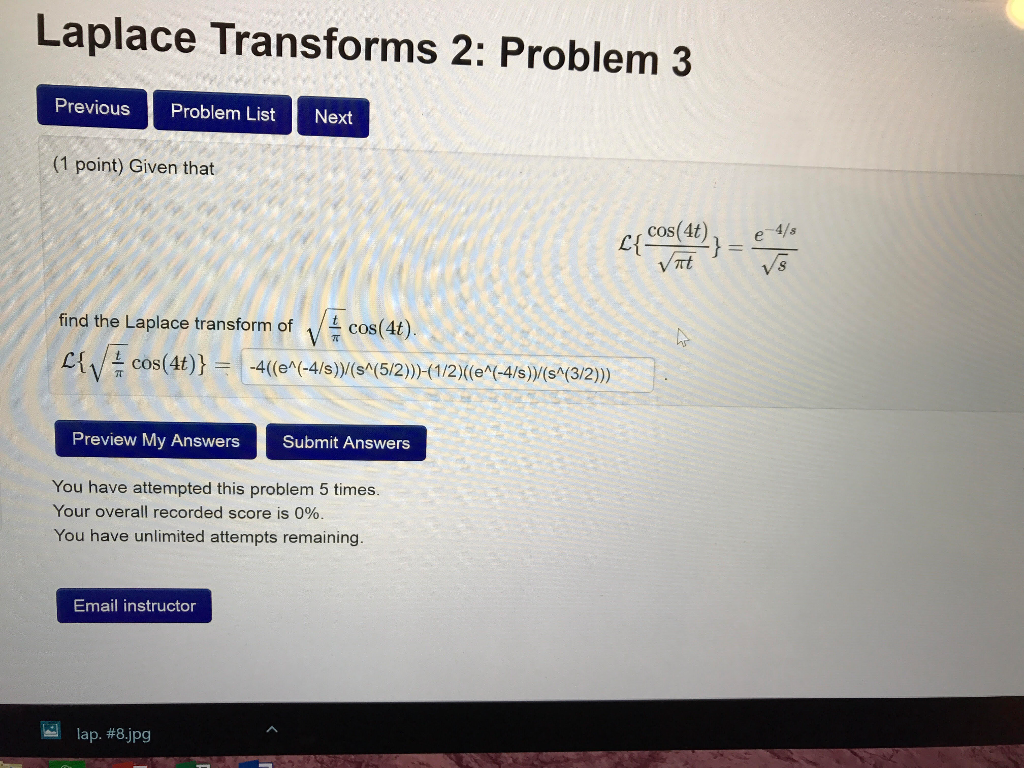 Solved Given that L{cos(4t)/Squareroot pi t} = | Chegg.com