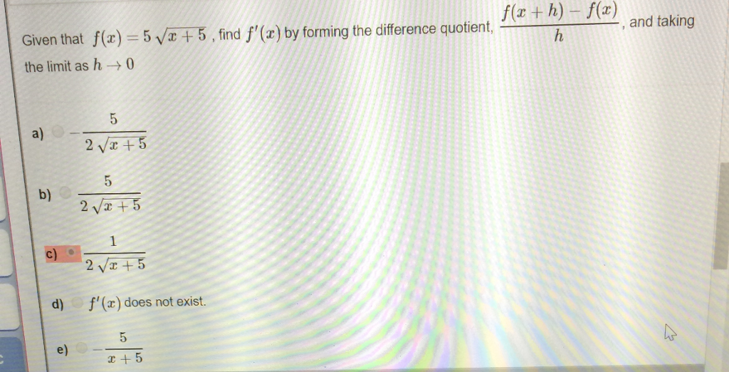 Solved Given that f(x) = 5 squareroot x + 5, find f'(x) by | Chegg.com