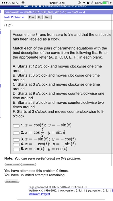 Solved Assume time t runs from zero to 2pi and that the unit | Chegg.com