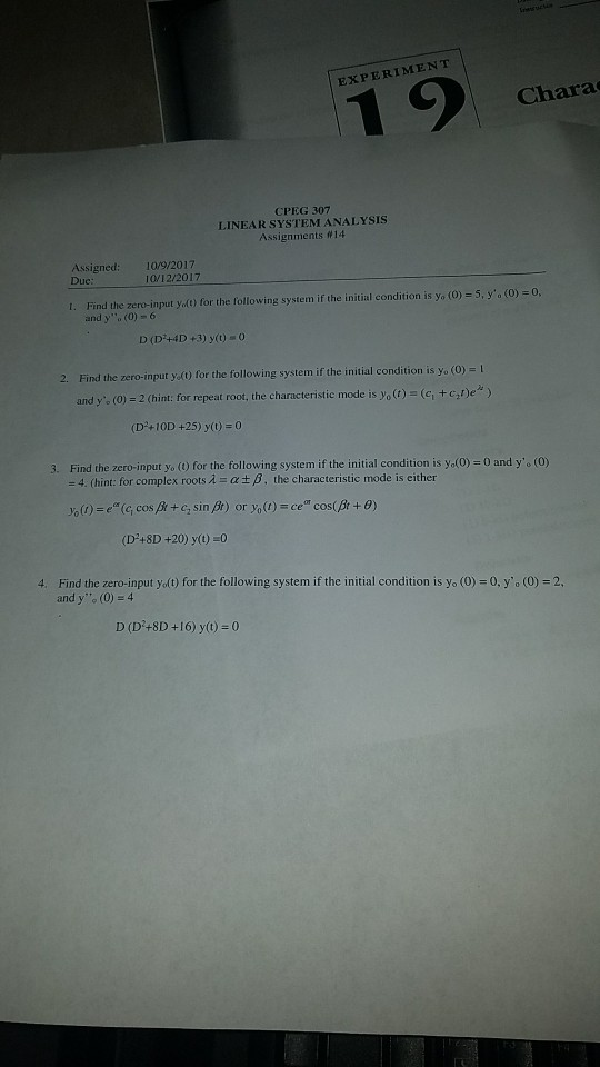 Solved EXPERIMENT Chara CPEG 307 LINEAR SYSTEM ANALYSIS | Chegg.com