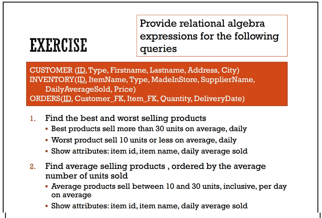 Solved Provide relational algebra expressions for the | Chegg.com Solved Provide relational algebra expressions for the | Chegg.com